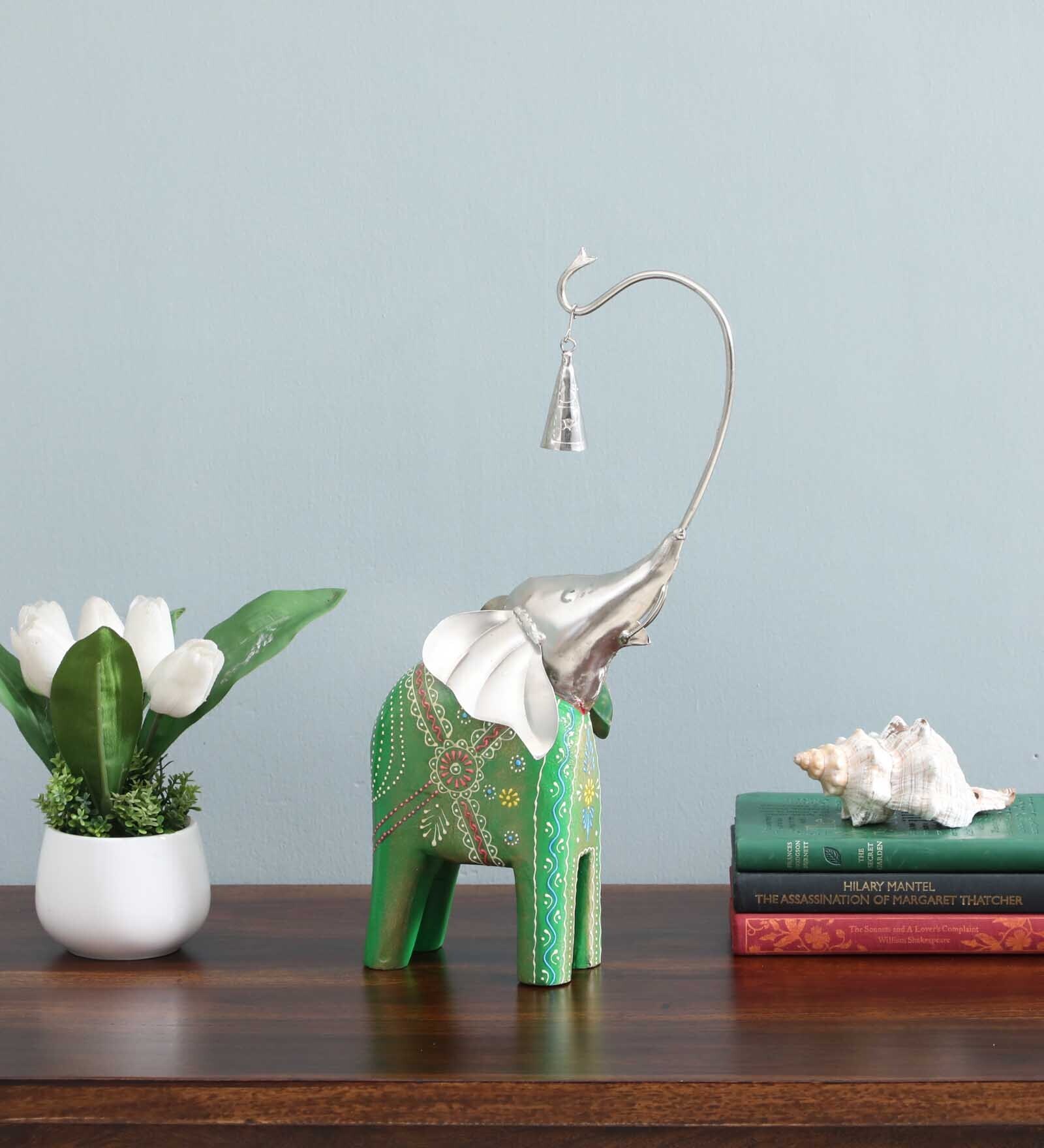 Buy Wooden Green Handpainted Elephant Table Decor Online - Animal ...