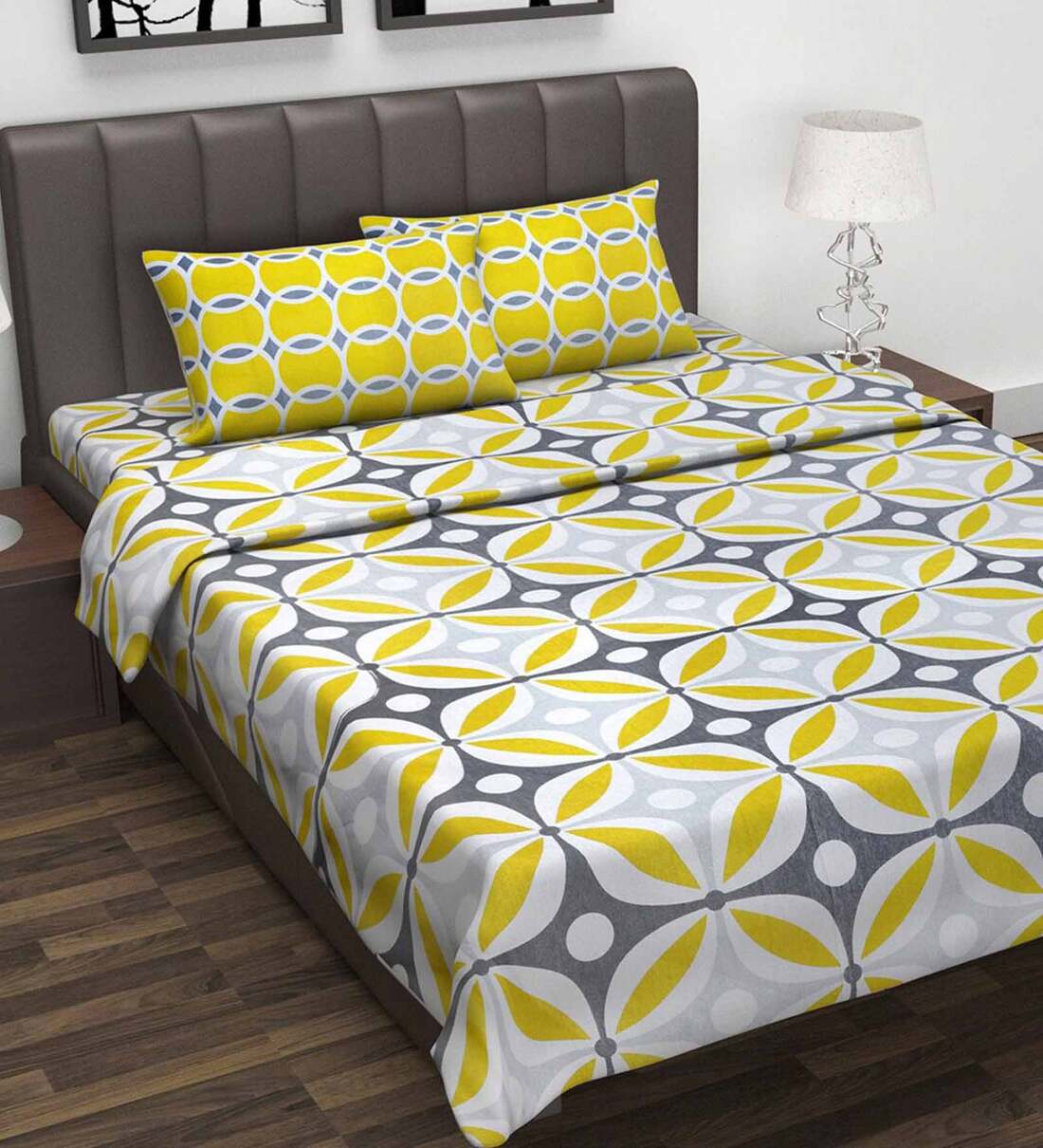 Buy Yellow Floral 144 TC Cotton 4 Pieces Bedding Set Modern Marigold ...