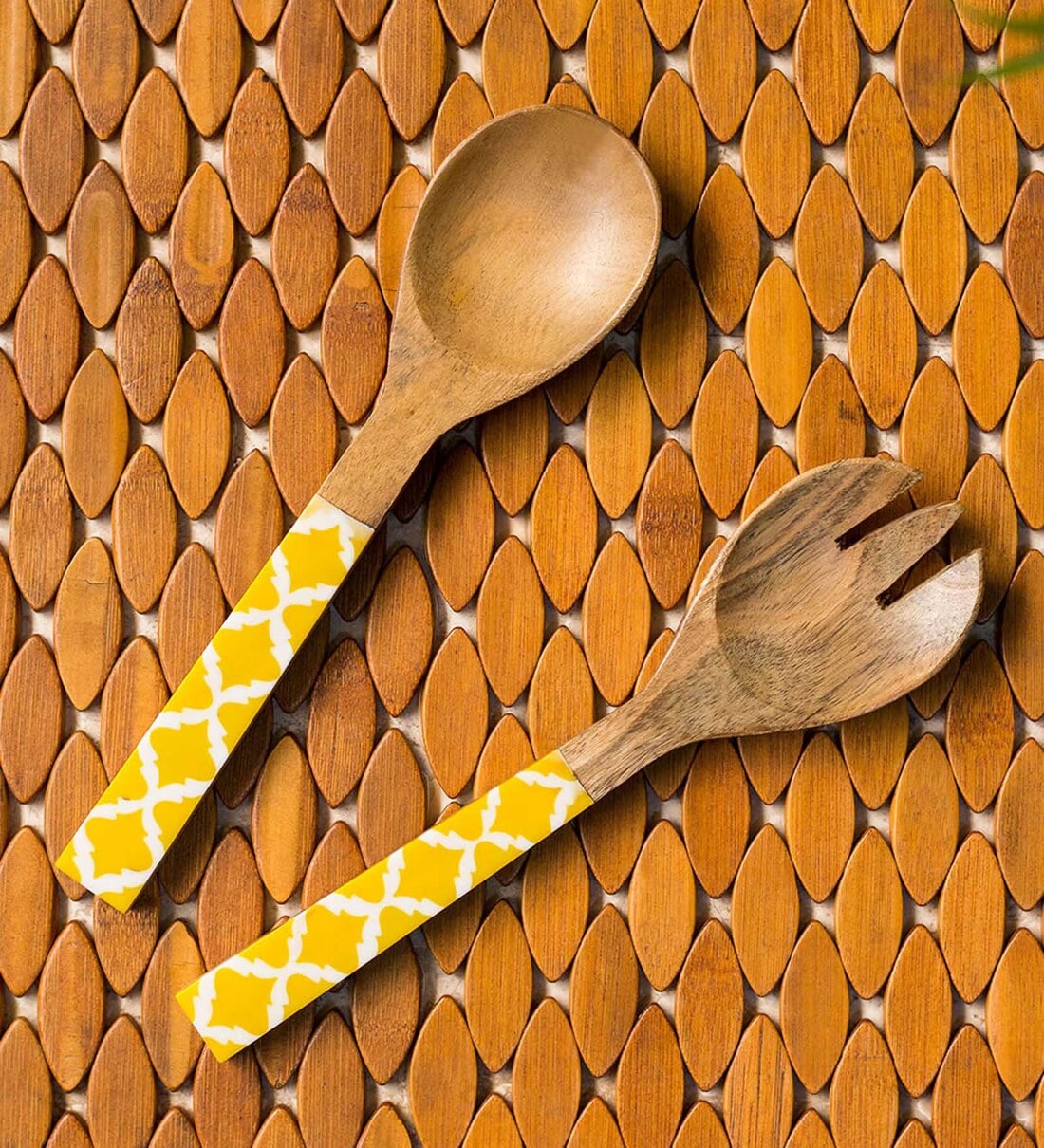 Buy Moroccan Yellow & White Mango Wood (Set of 2) Serving Spoon & Folk ...