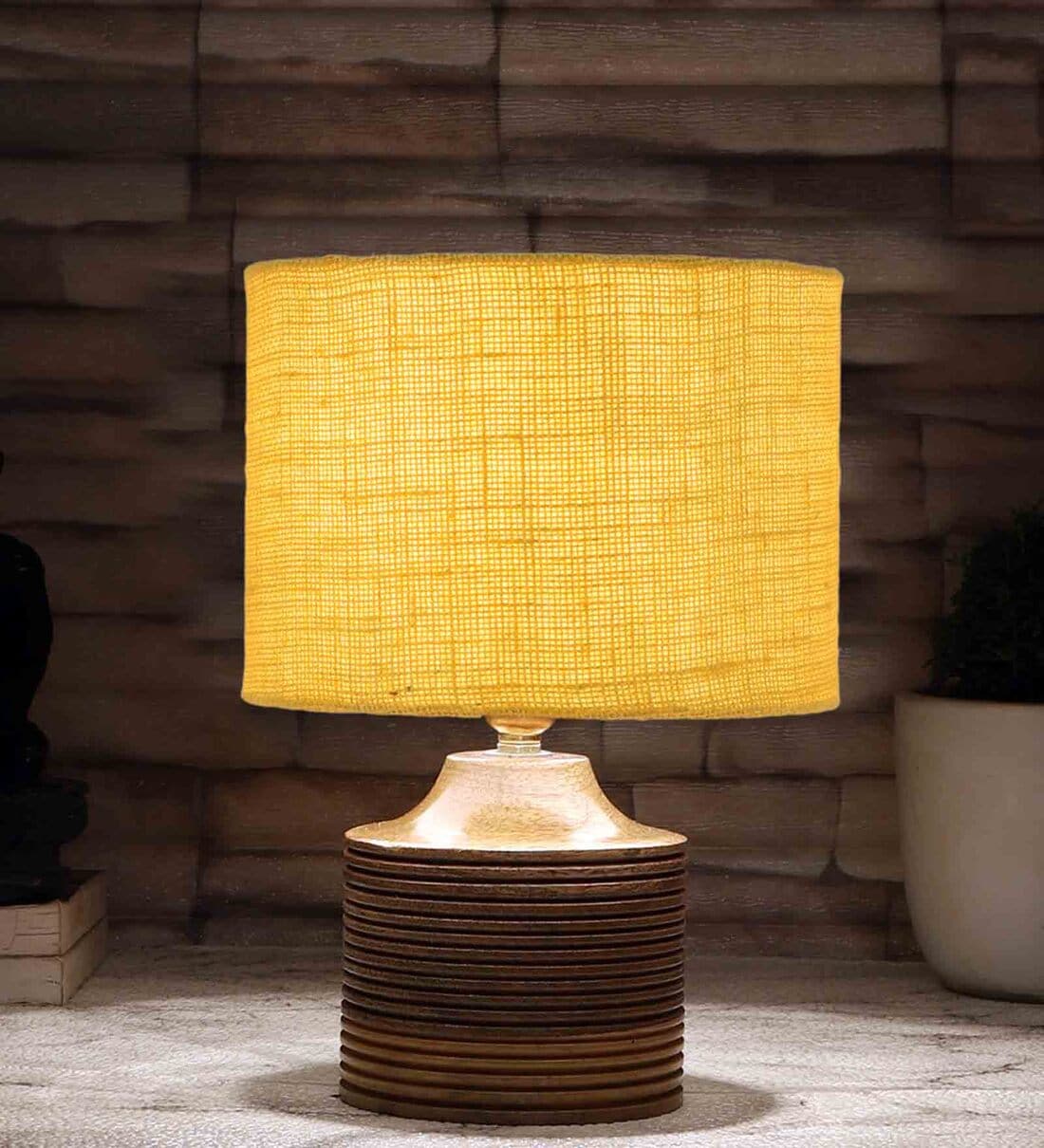 Buy Yellow Shade Table Lamp With Wood Base By New Era Online - Wood ...