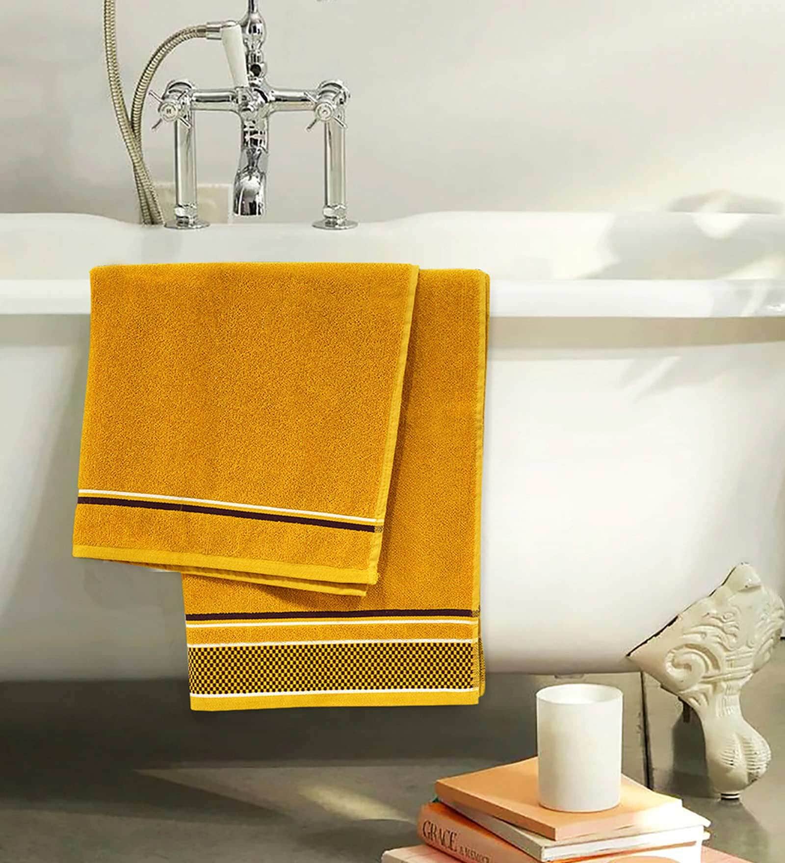 Buy Yellow 100 % Cotton Solid 500 GSM Bath Towels Aquacado Collection ...