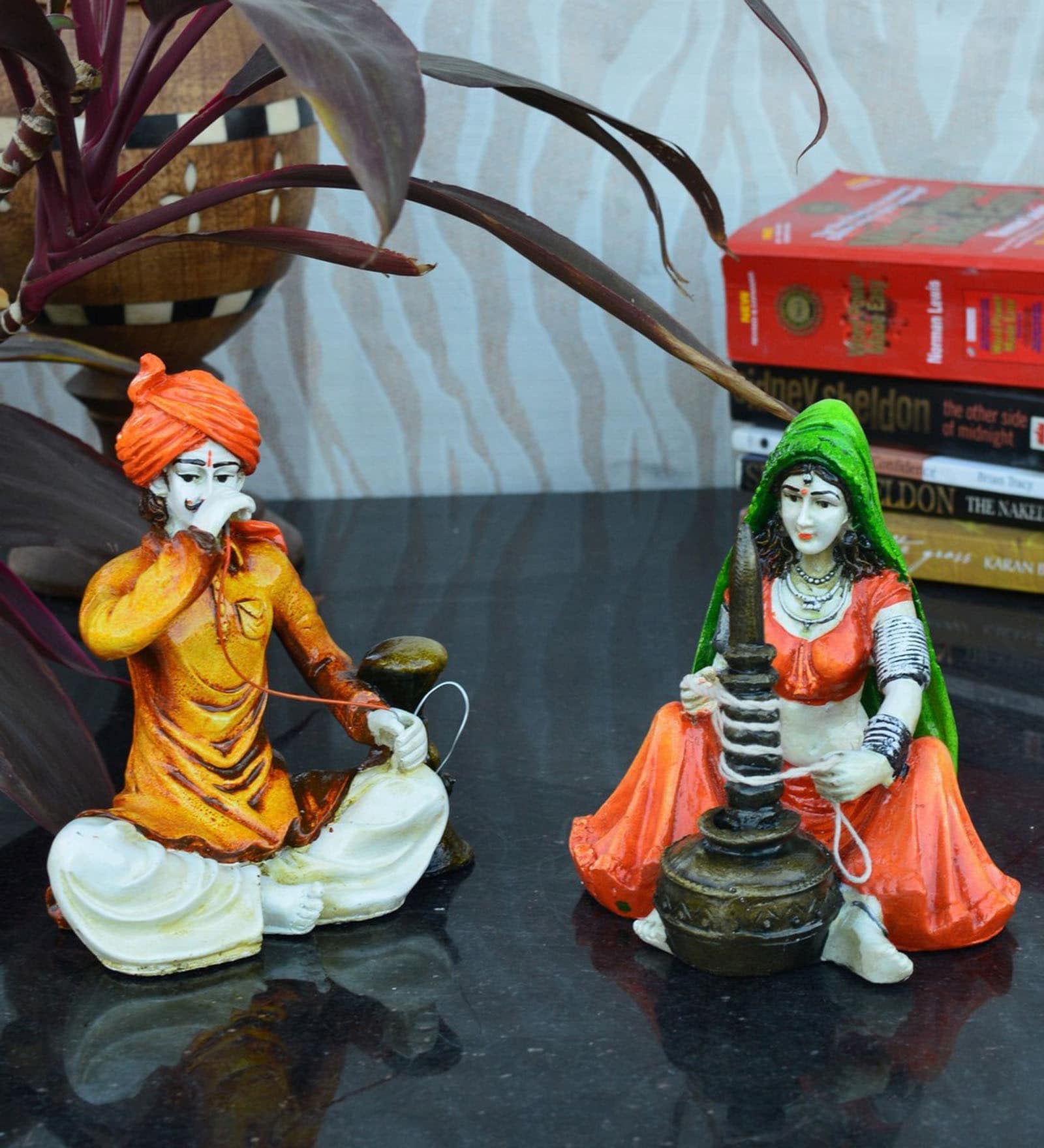 Buy Yellow Combo of Rajasthani Hookah Man and Lady Statue by ...