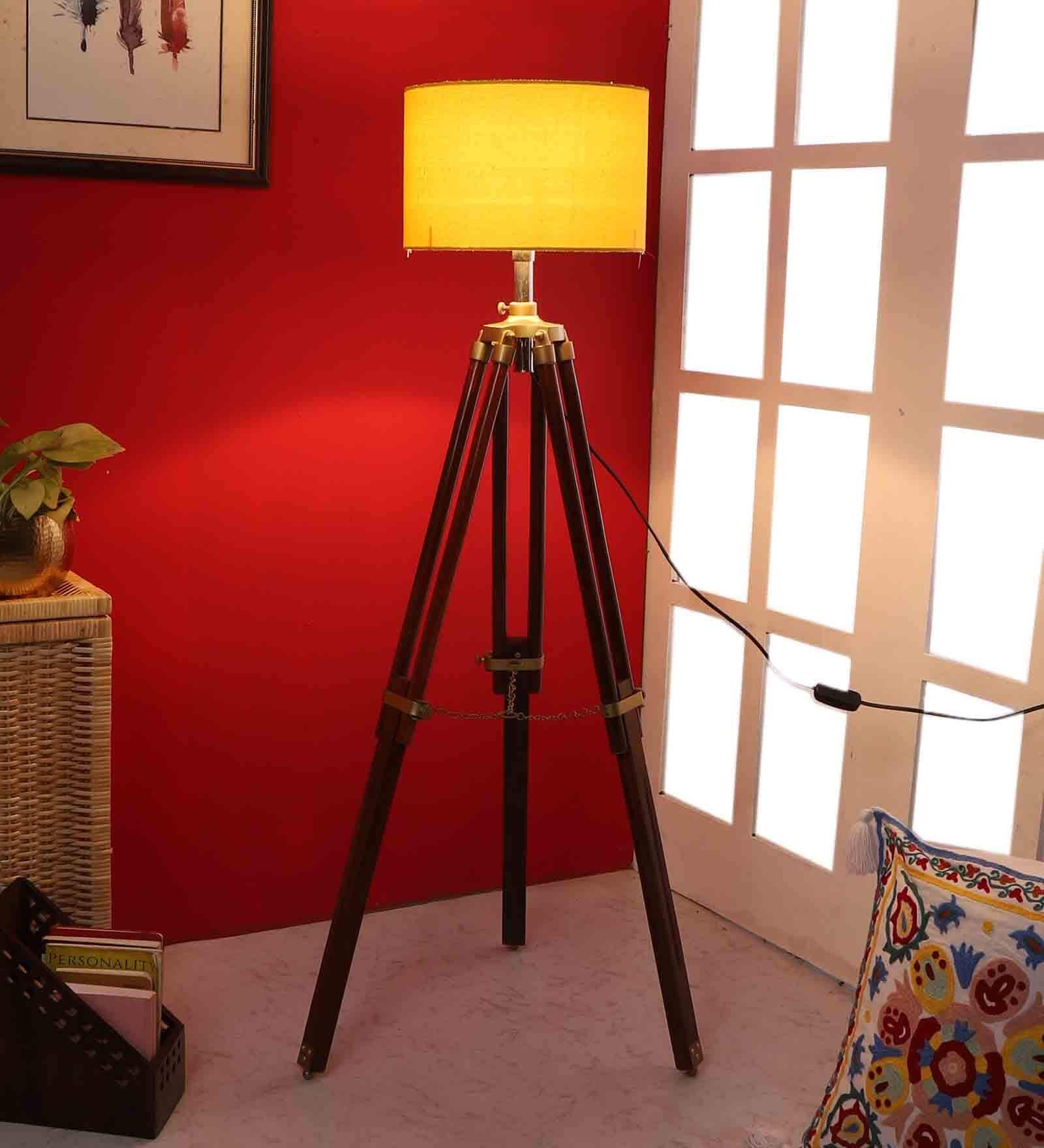 Buy Gilford Yellow Cotton Shade Tripod Floor Lamp With Sheesham Wood ...